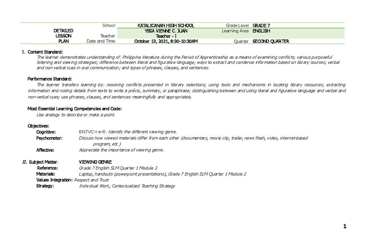 COT A - Lesson Plan on Viewing Genres for Grade 7 English - Studocu
