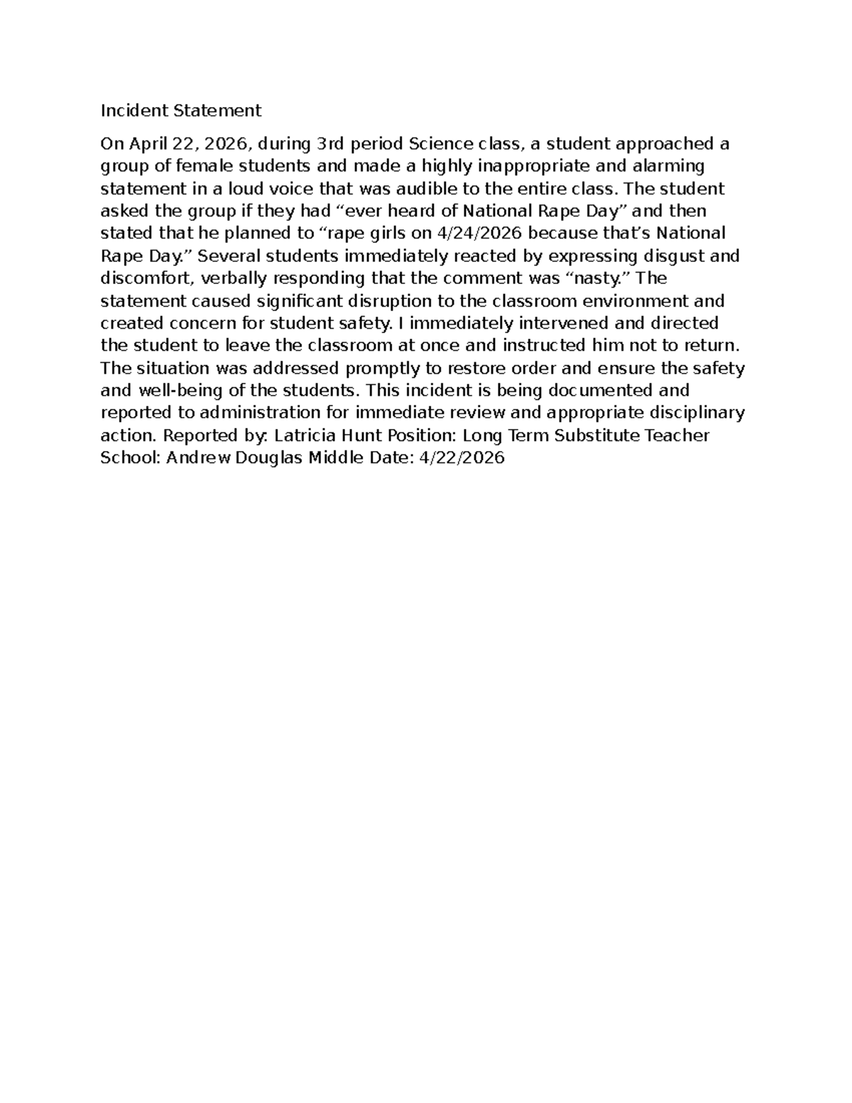 Incident Statement - April 22, 2026 - 3rd Period Science Class - Studocu