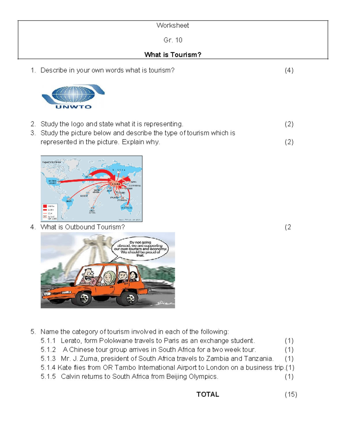 Gr. 10 Worksheet 1: Introduction to Tourism Concepts and Types - Studocu