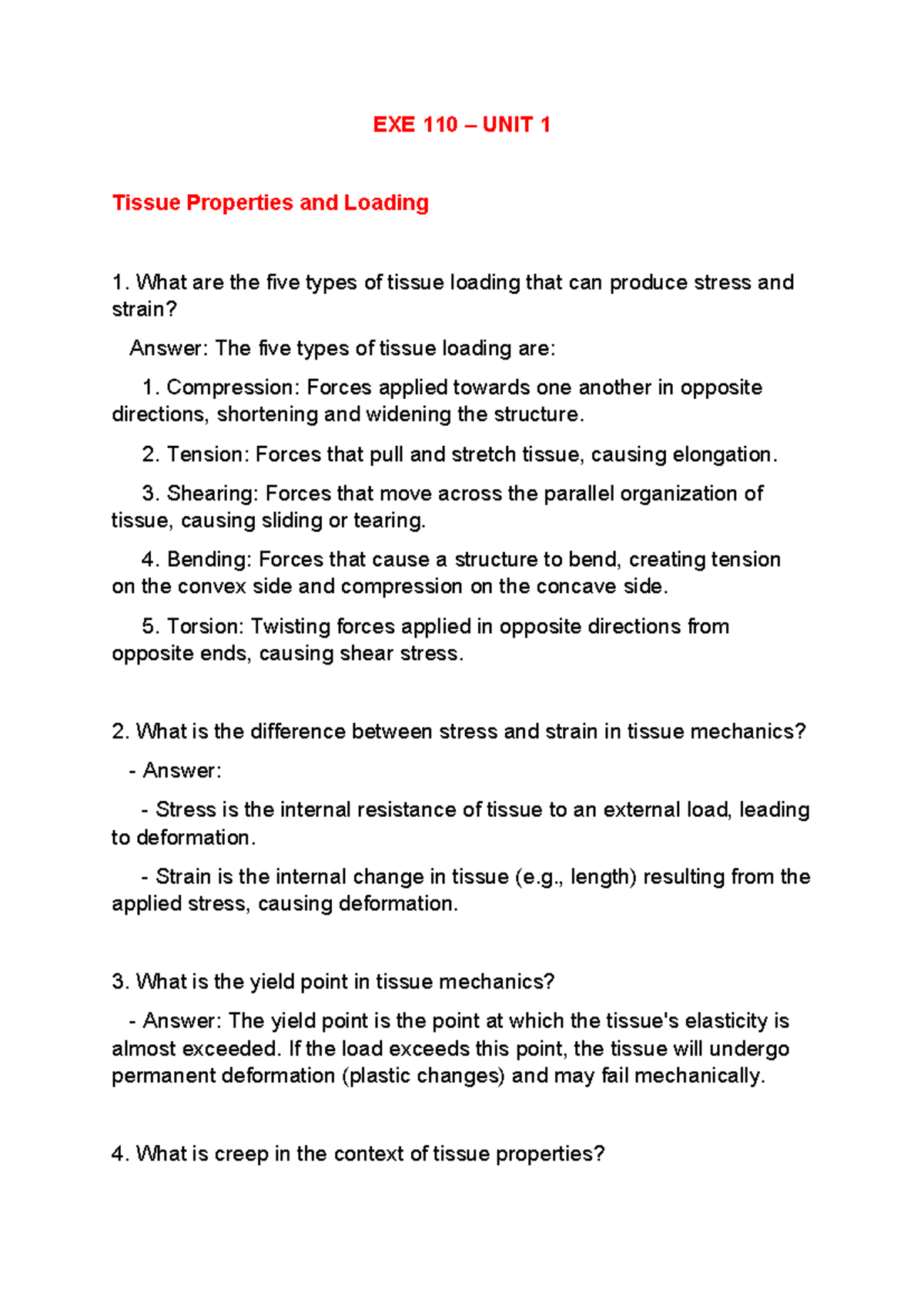 EXE 110 - Unit 1 - Basic questions - EXE 110 – UNIT 1 Tissue Properties ...