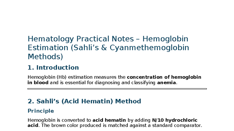 Hematology Practical Notes: Hemoglobin Estimation Methods (Lab) - Studocu
