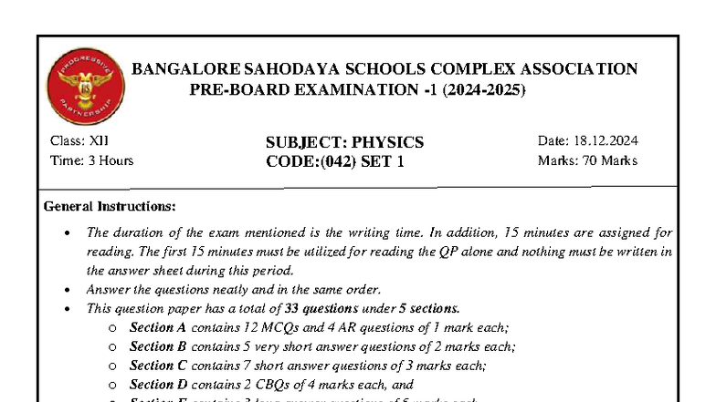 BANGALORE SAHODAYA SCHOOLS COMPLEX PHYSICS EXAM Class XII CODE: 042 SET 1 - Studocu