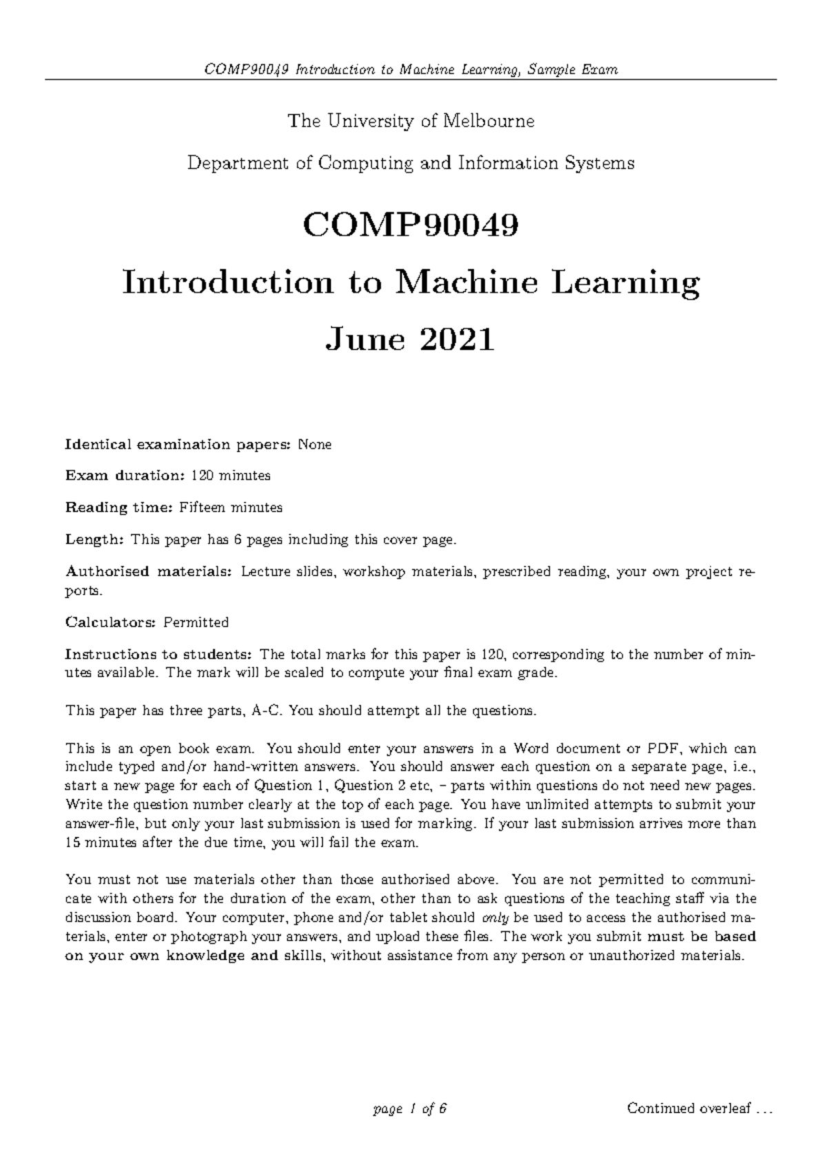 COMP90049 Final Exam Mock Paper - Introduction to Machine Learning 2021 ...