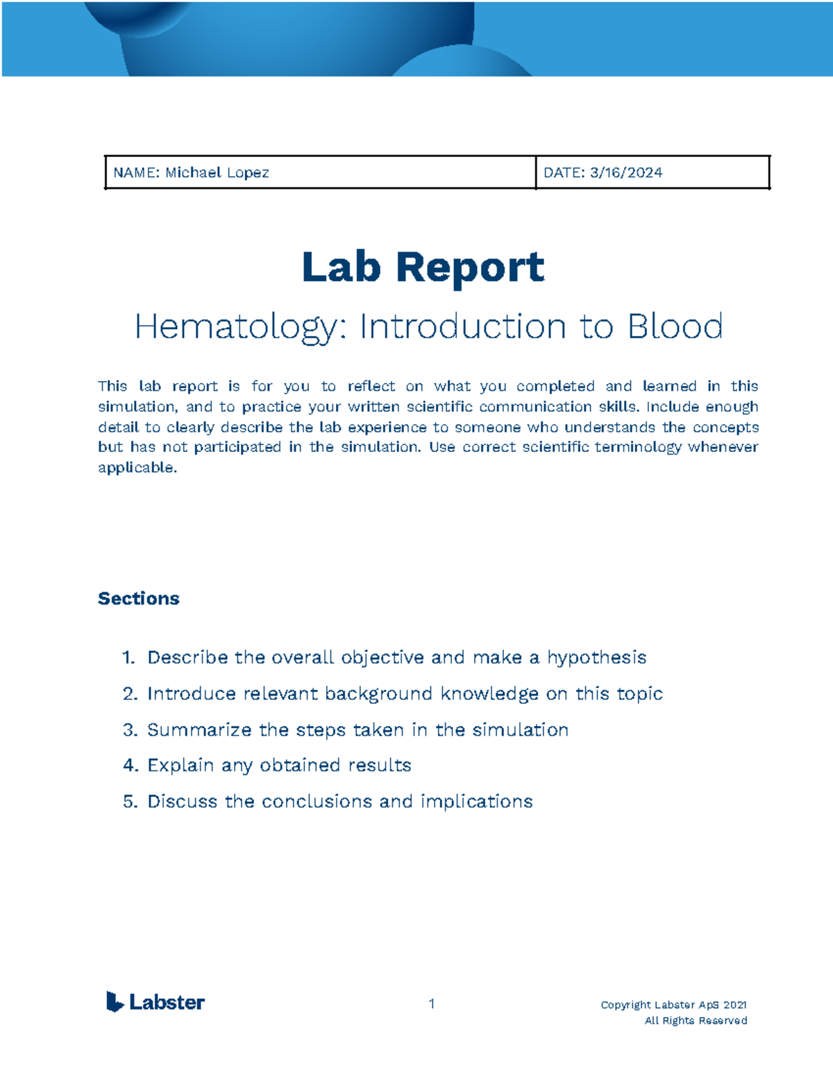 Lab Report Hematology Introduction to Blood Updated COMP - NAME ...