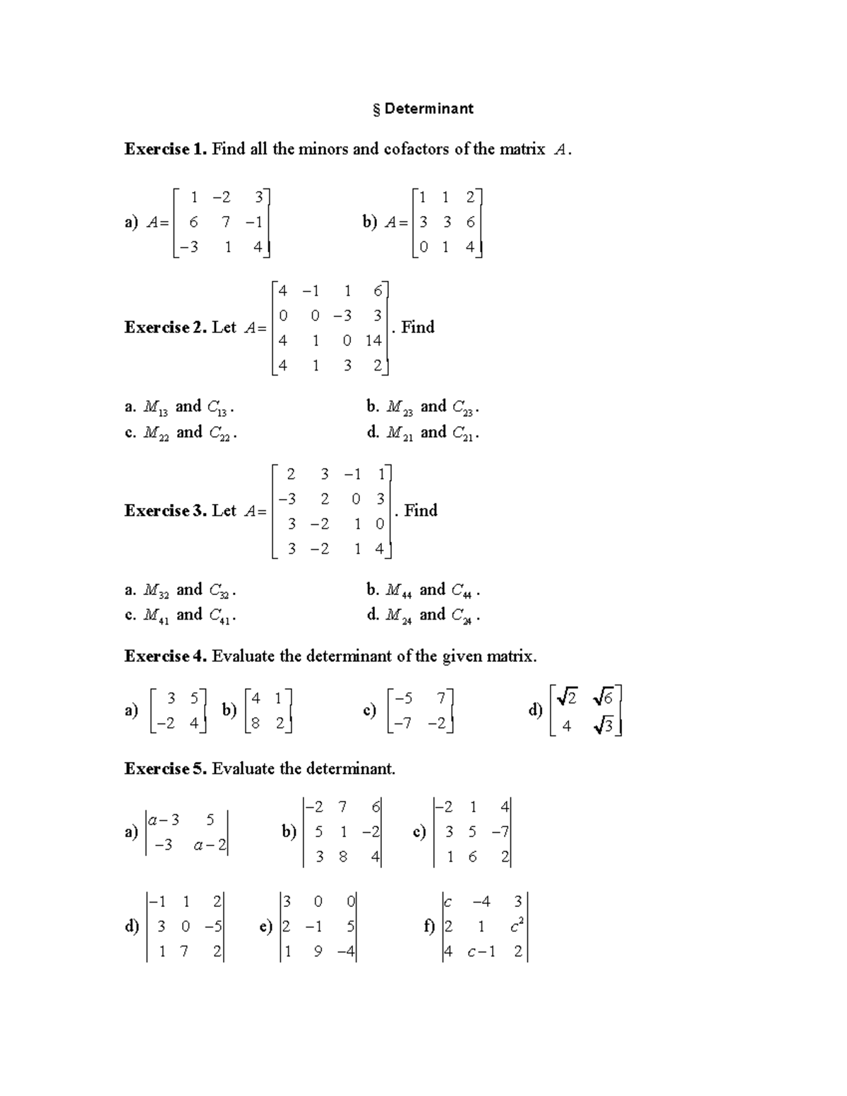 Determinant Exercises: Minors, Cofactors, and Evaluations - Studocu