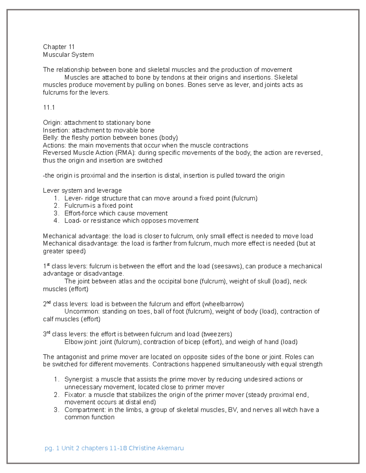 Unit 2 notes - Covers chapeters 11- 20 Rev 20 bio - Chapter 11 Muscular ...