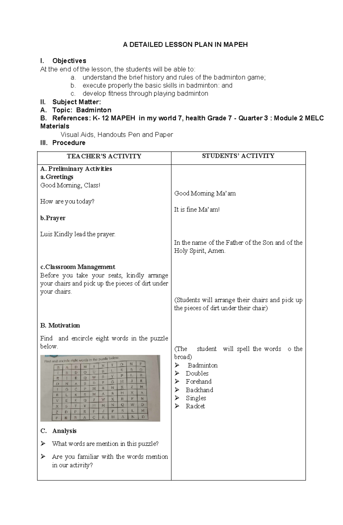 MAPEH I: Detailed Lesson Plan on Badminton and Gender Roles - Studocu