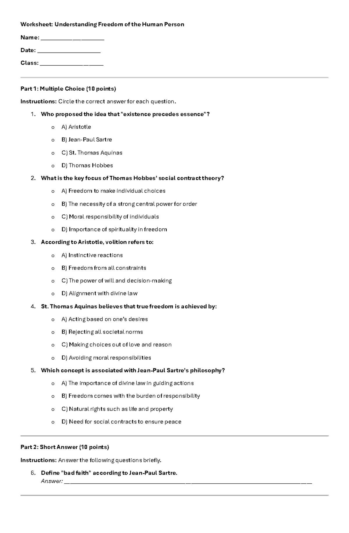 Worksheet - Freedom - Philo - Worksheet: Understanding Freedom of the ...