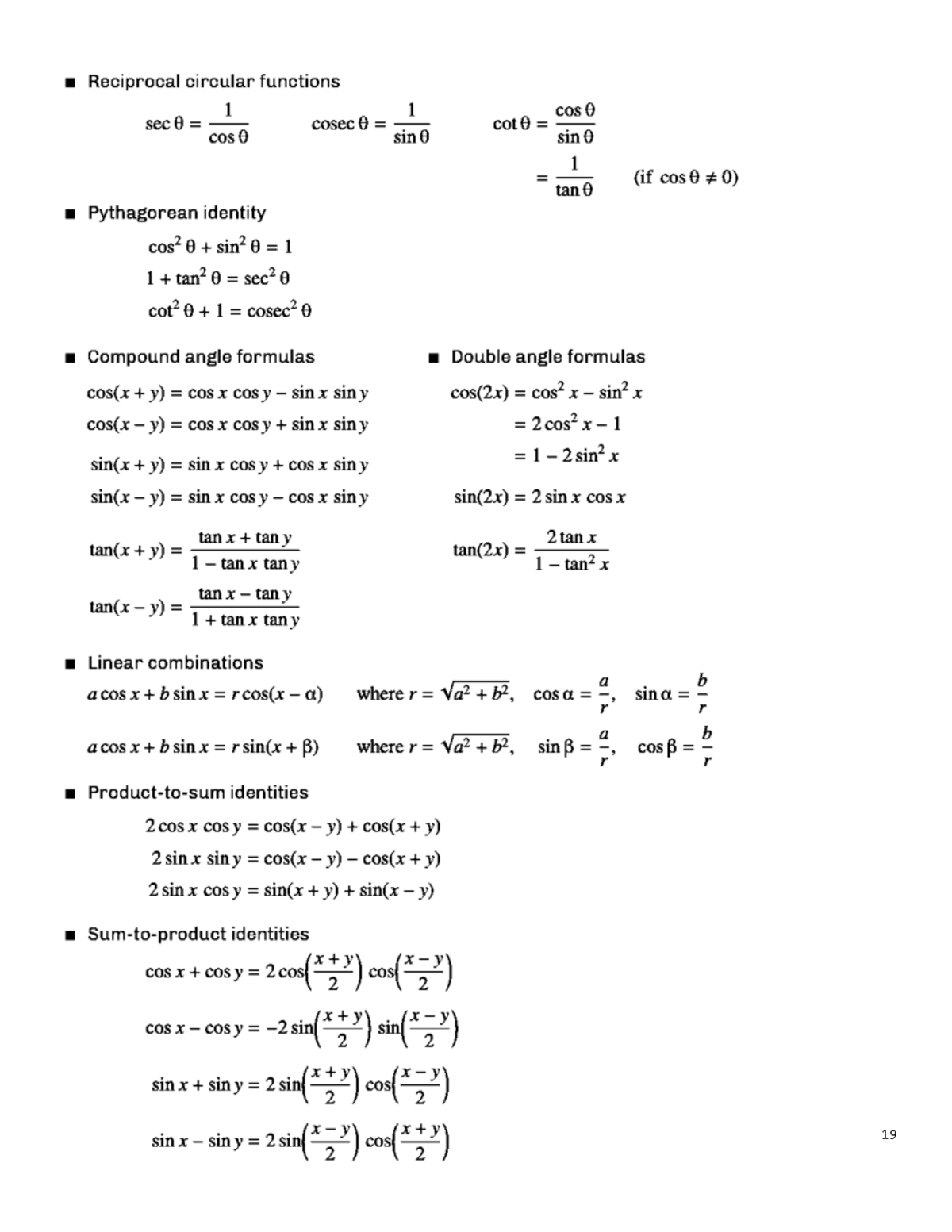 2025 S2 SAC 1: Reciprocal and Trigonometric Identities Formula Sheet - Studocu