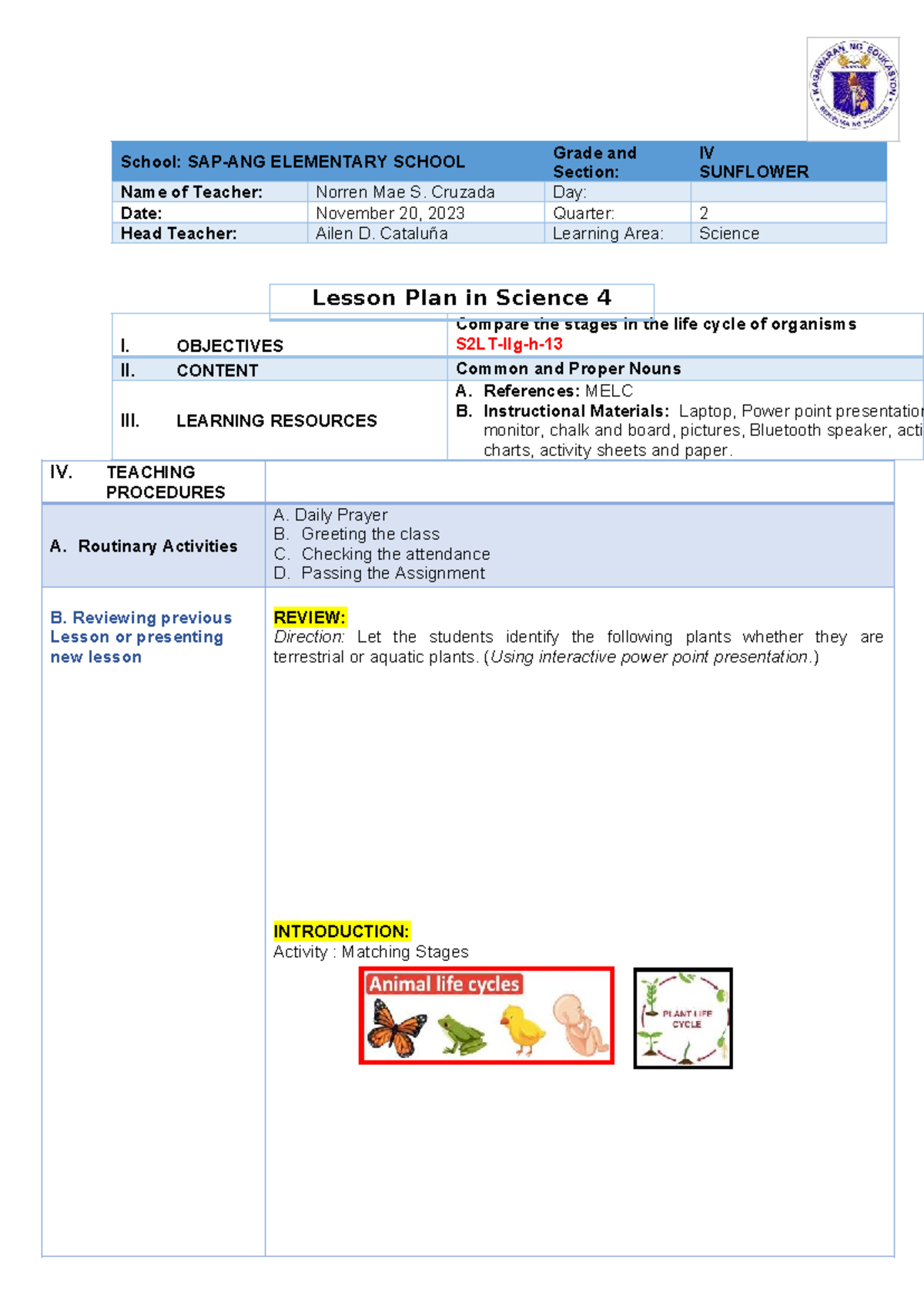 COT Science 4 Q2 Lesson Plan: Life Cycle of Organisms - Studocu
