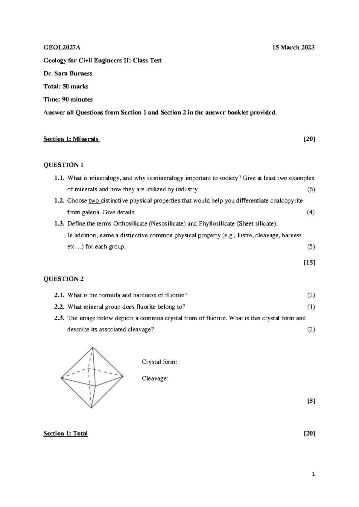 GEOL2027A Class Test: Geology for Civil Engineers II - March 2023 - Studocu