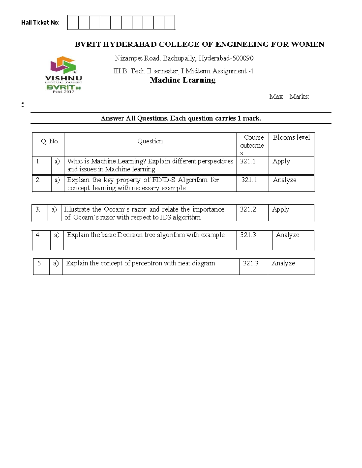 B.Tech II Sem I Midterm Assignment: Machine Learning Questions 321.1 ...