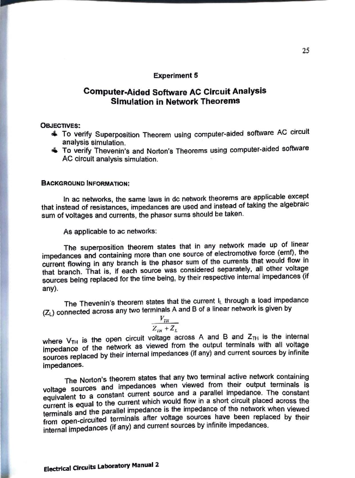 E1 Electrical Circuits 2 Lab: Experiment 5 - AC Circuit Analysis Simulation - Studocu