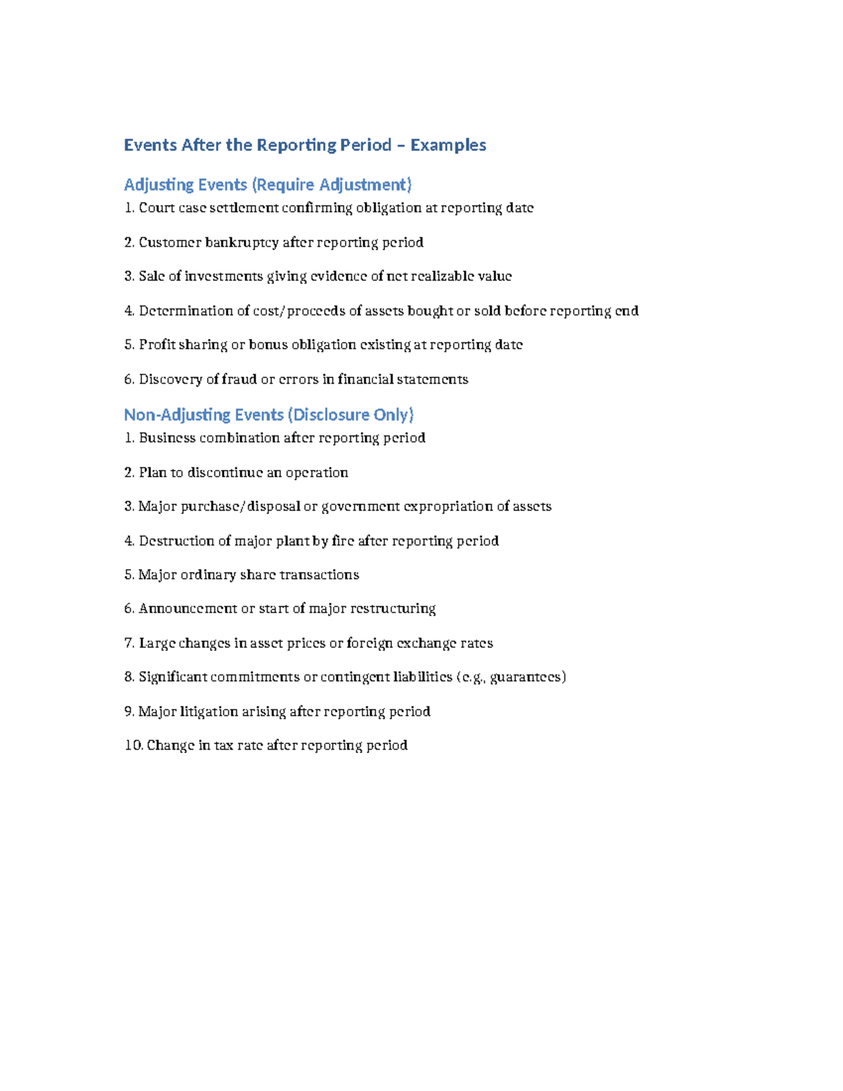Events After Reporting Period: Adjusting & Disclosure Examples - Studocu