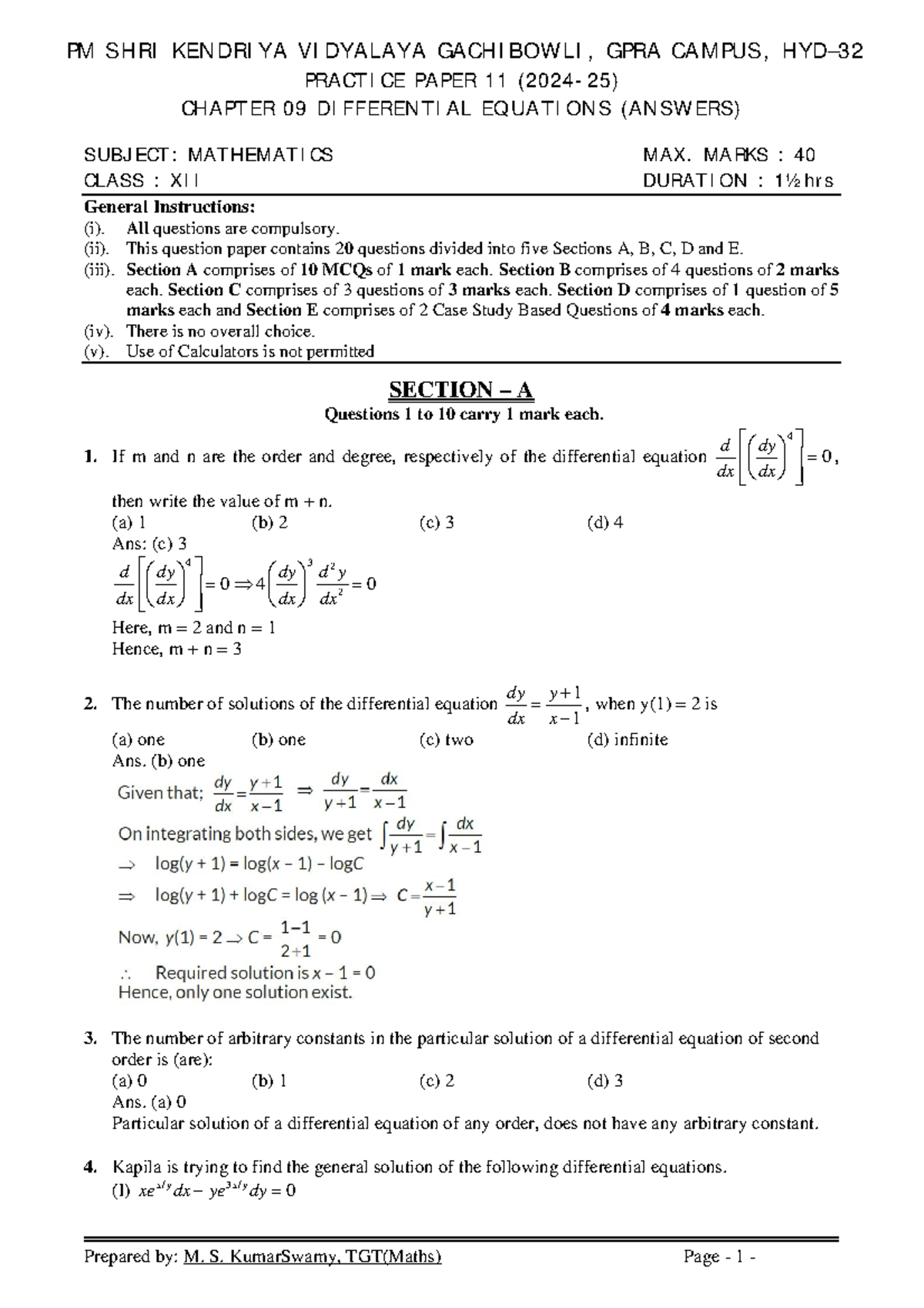 Maths Class XII Chapter 09 Differential Equations Practice Paper 11 ...
