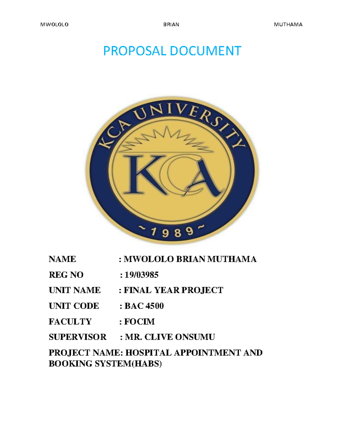 Final Year Project Proposal: Hospital Appointment & Booking System (BAC ...