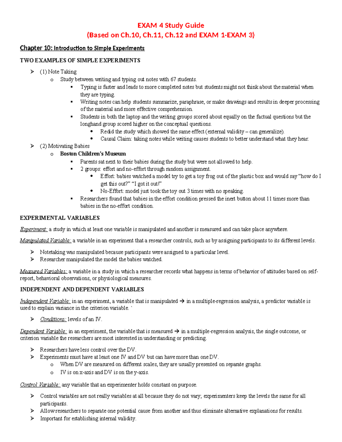 EXAM 4 Study Guide: Internal Validity Threats in Experiments (Ch.10-12 ...