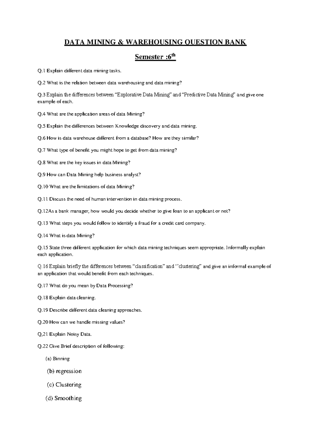 DATA MINING WAREHOUSING QUESTION BANK - 6th Semester Exam Prep - Studocu