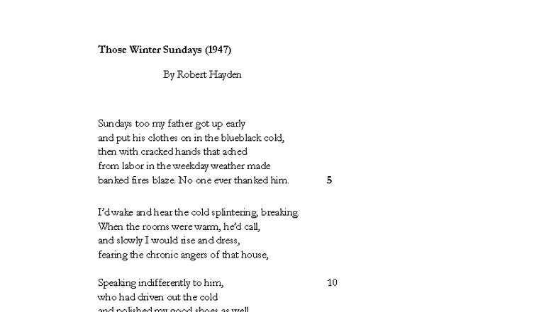 Those Winter Sundays - Poem Analysis & Discussion Questions - Studocu