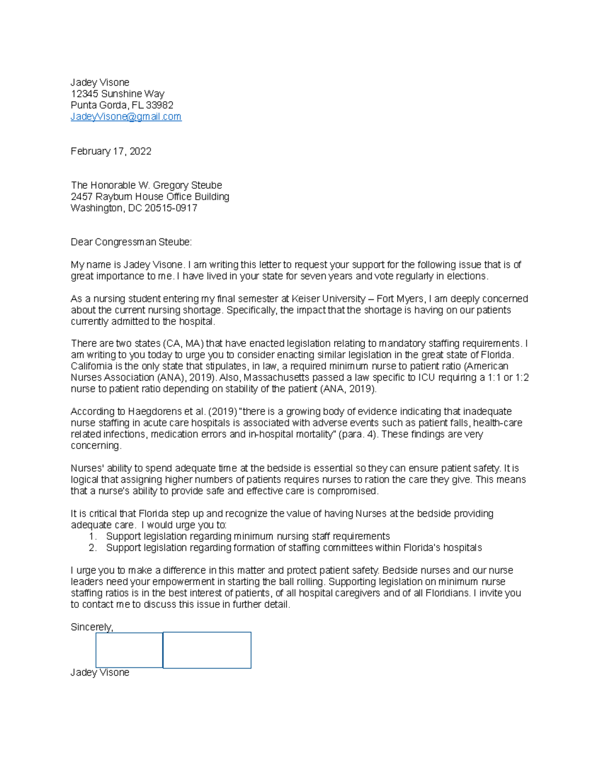 Advocacy Letter to congressman - Jadey Visone 12345 Sunshine Way Punta ...