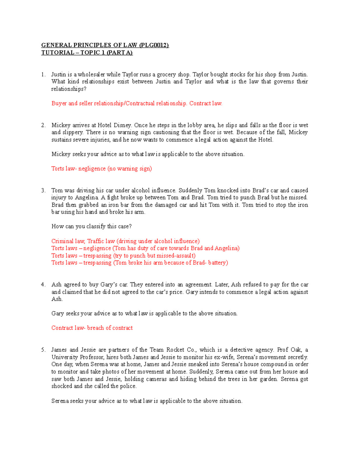 TUT 1 - PLG0012 Topic 1A: Application of Law Classification Principles ...