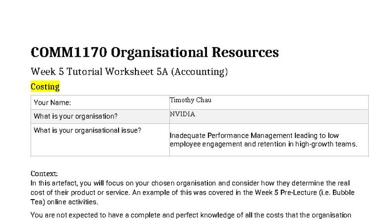 COMM1170 Week 5 Tutorial Worksheet 5A: Costing Analysis for NVIDIA ...