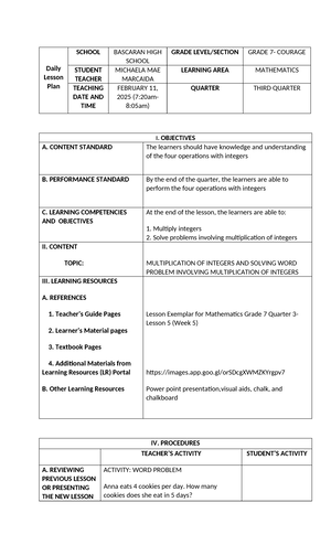 Detailed Lesson Plan for Grade 7 Mathematics: GEMDAS Concepts - Studocu