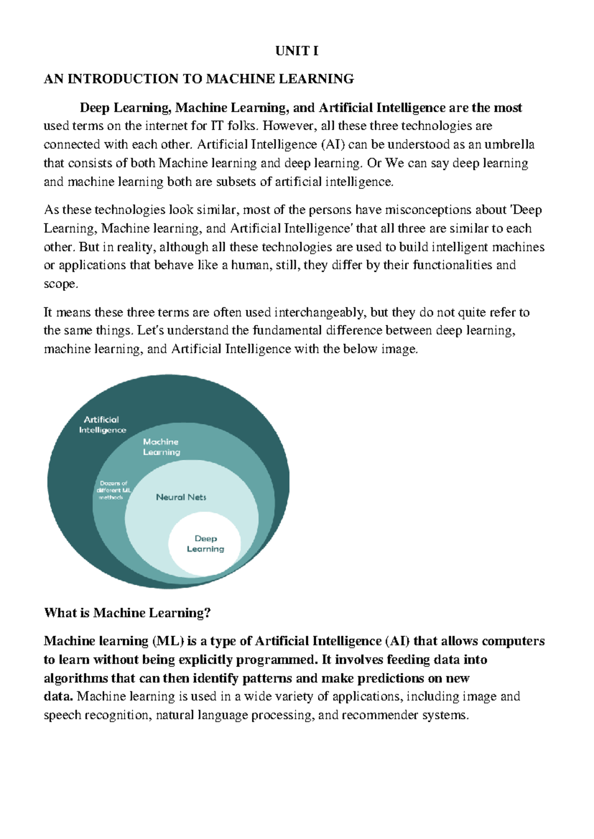 UNIT I-ML - Machine learning Introduction to concept - UNIT I AN ...