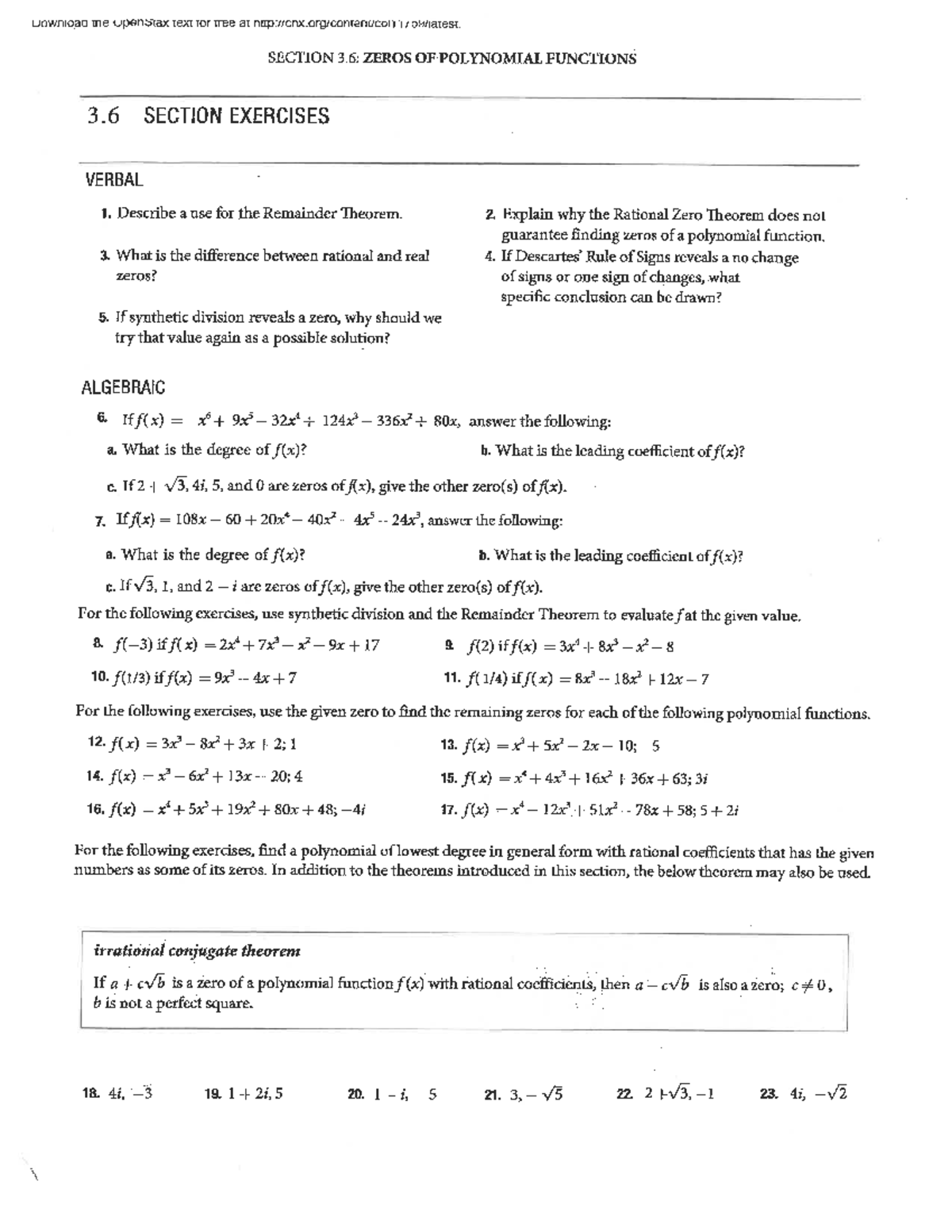 Pre-Cal Sec 3.6 Polynomial Functions: Zeros & Theorems Exercises - Studocu