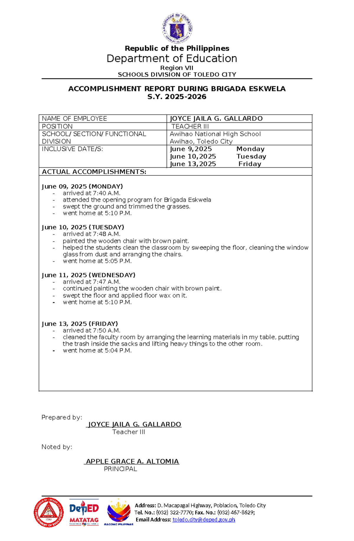 Brigada Eskwela Accomplishment Report S.Y. 2025 - Toledo City - Studocu