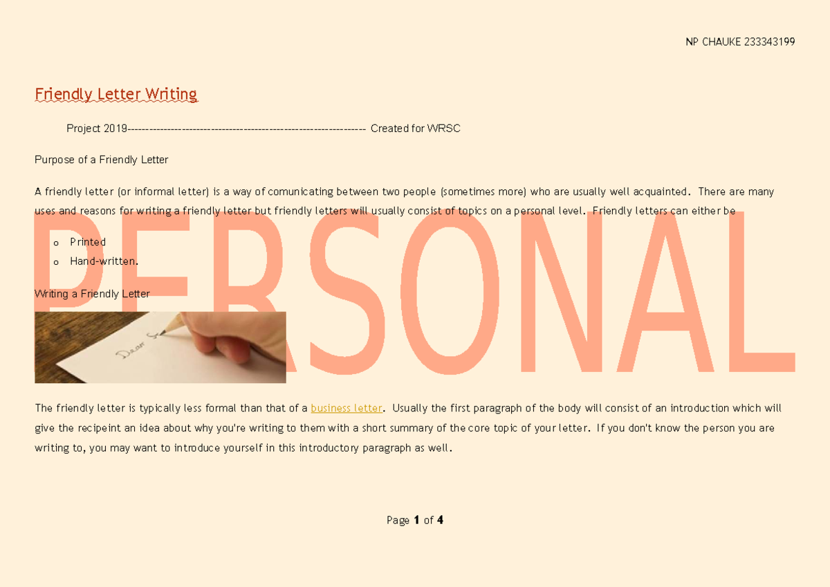 WRSC Friendly Letter Writing Project Guide - Studocu