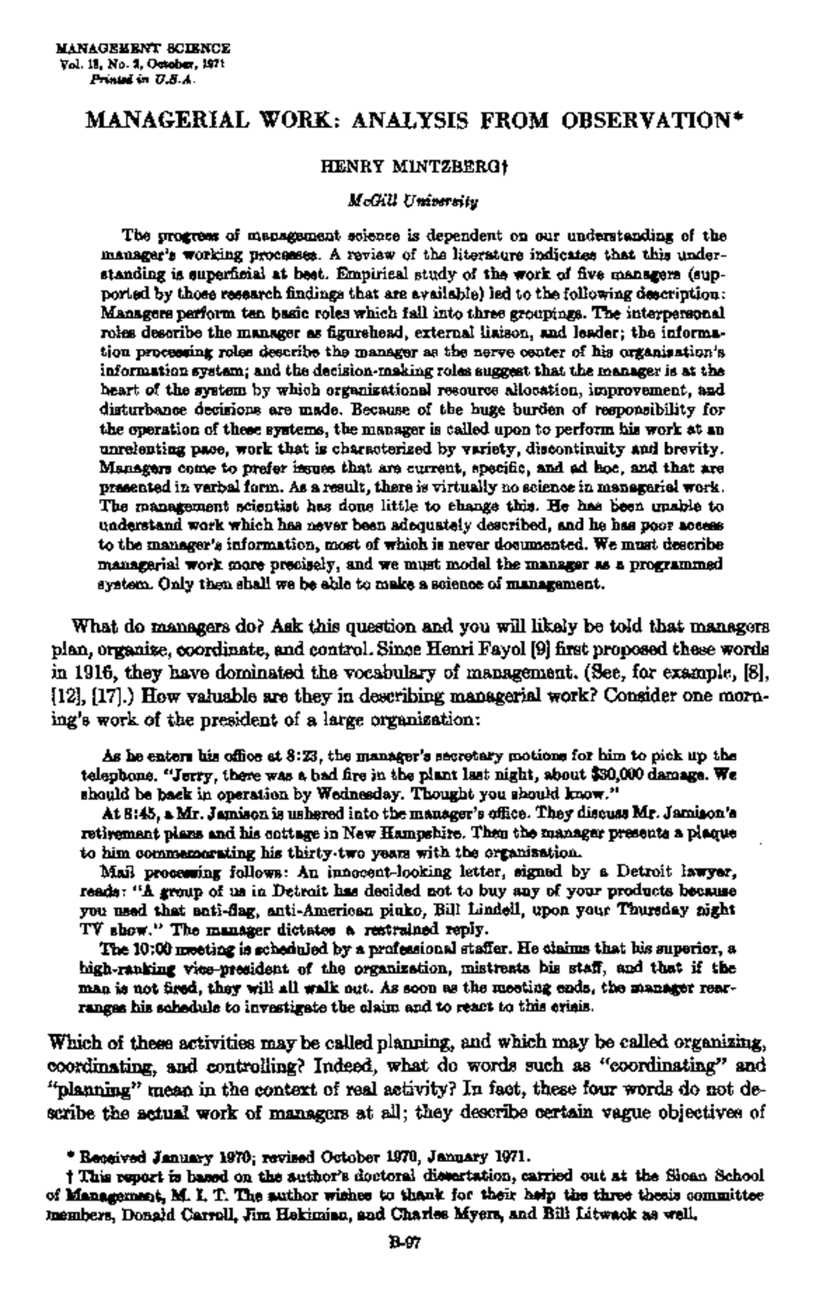 Managerial WORK Analysis FROM Observation - ICANAQEUENT SCIENCE Vol, U, No, 3, Oet