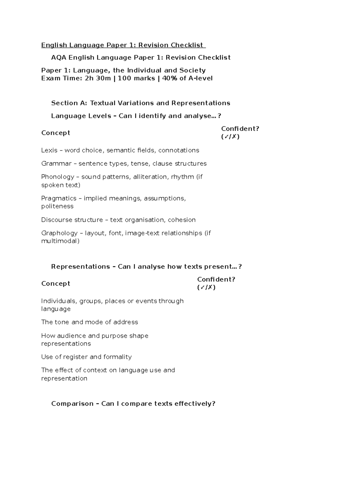 AQA English Language Paper 1: Revision Checklist Guide - Studocu