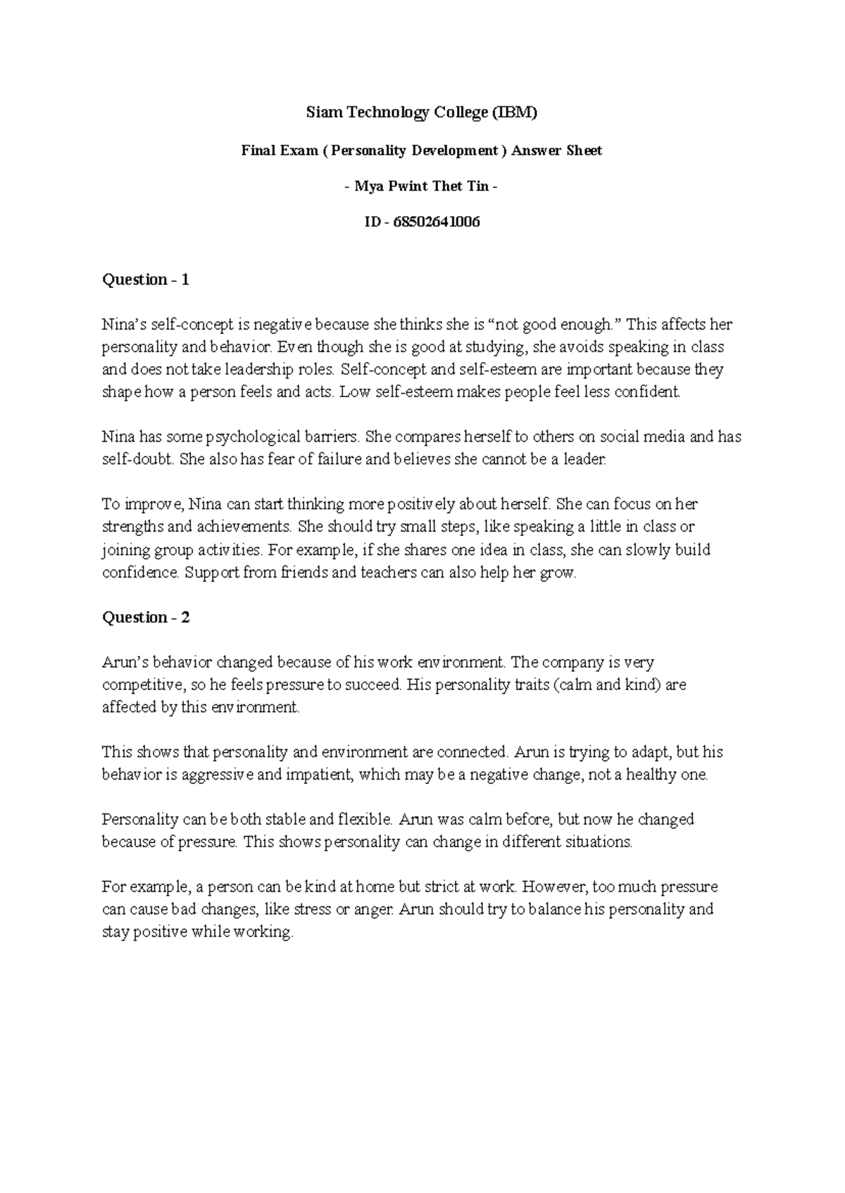 IBM Final Exam Answer Sheet: Personality Development Insights - Studocu