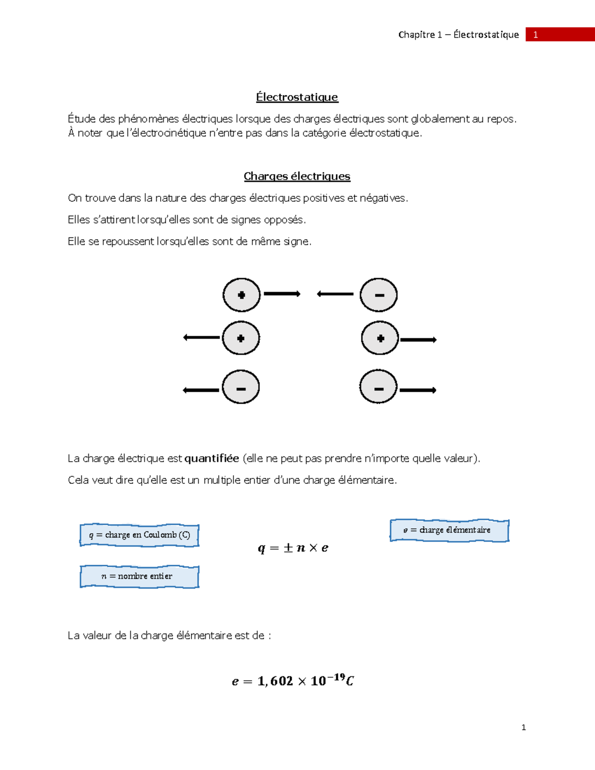 Chapitre 1 - Introduction à l'Électrostatique et Charges Électriques ...
