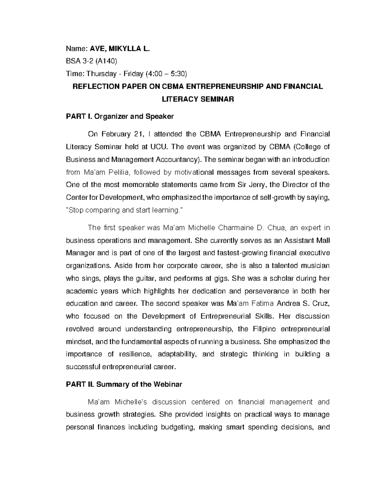 Reflection Paper on CBMA Entrepreneurship & Financial Literacy Seminar ...