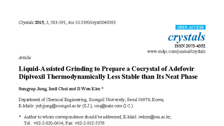 Liquid-Assisted Grinding to Prepare a Cocrystal of Adefovir Dipivoxil ...