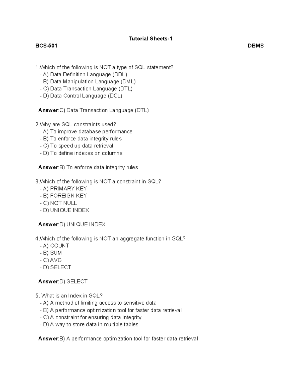 Quiz - SQL Concepts and Statements (CS101) - Studocu