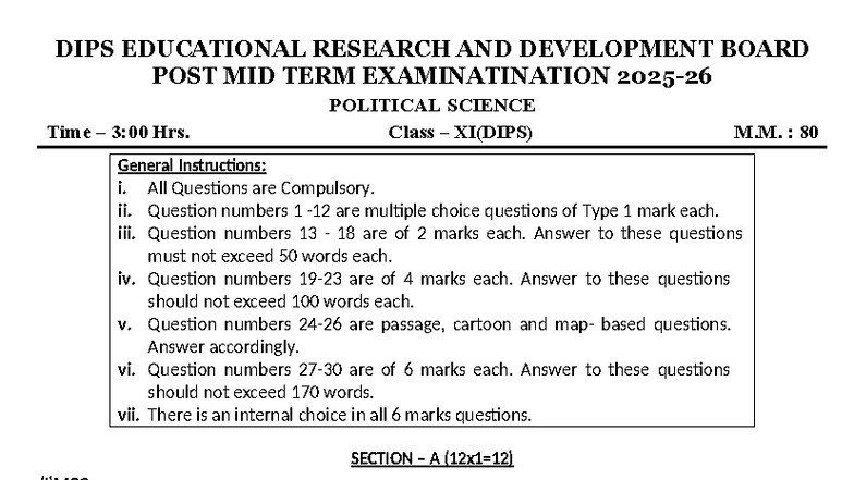 DIPS POLITICAL SCIENCE Class XI Post Midterm Exam Guidelines - Studocu