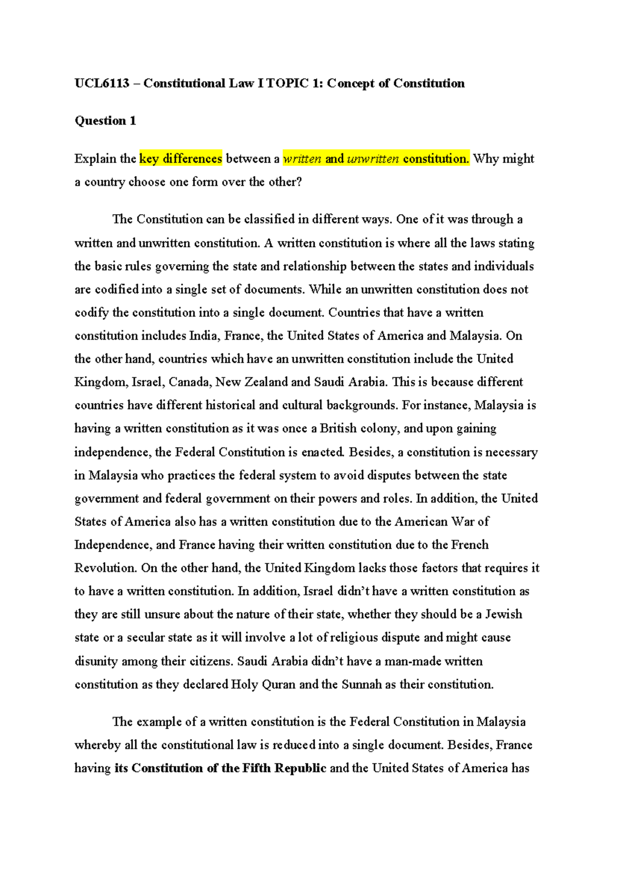 UCL6113 tut 1 - tutorial 1 - UCL6113 – Constitutional Law I TOPIC 1 ...