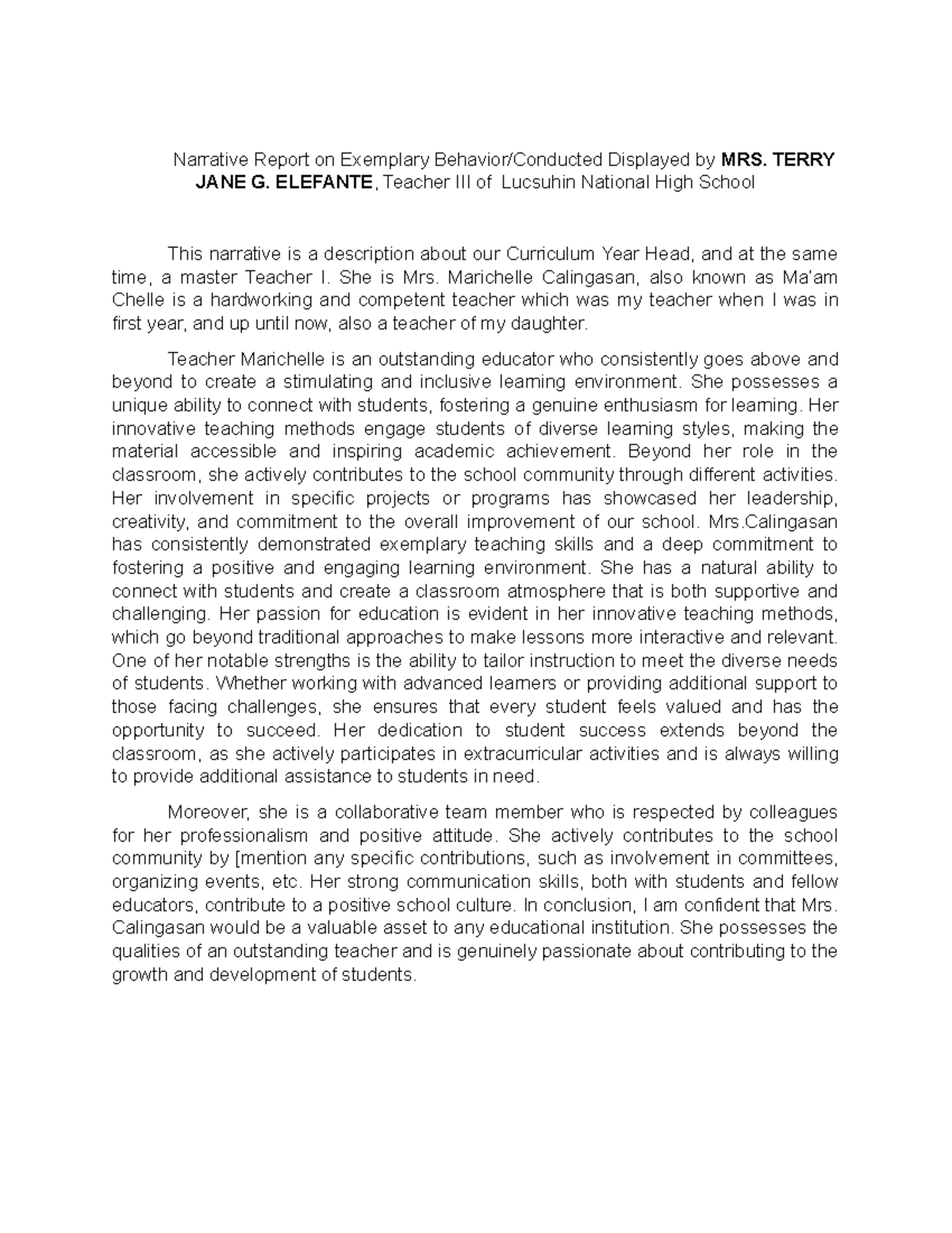 Narrative Report on Exemplary Behavior of Mrs. Calingasan - Studocu