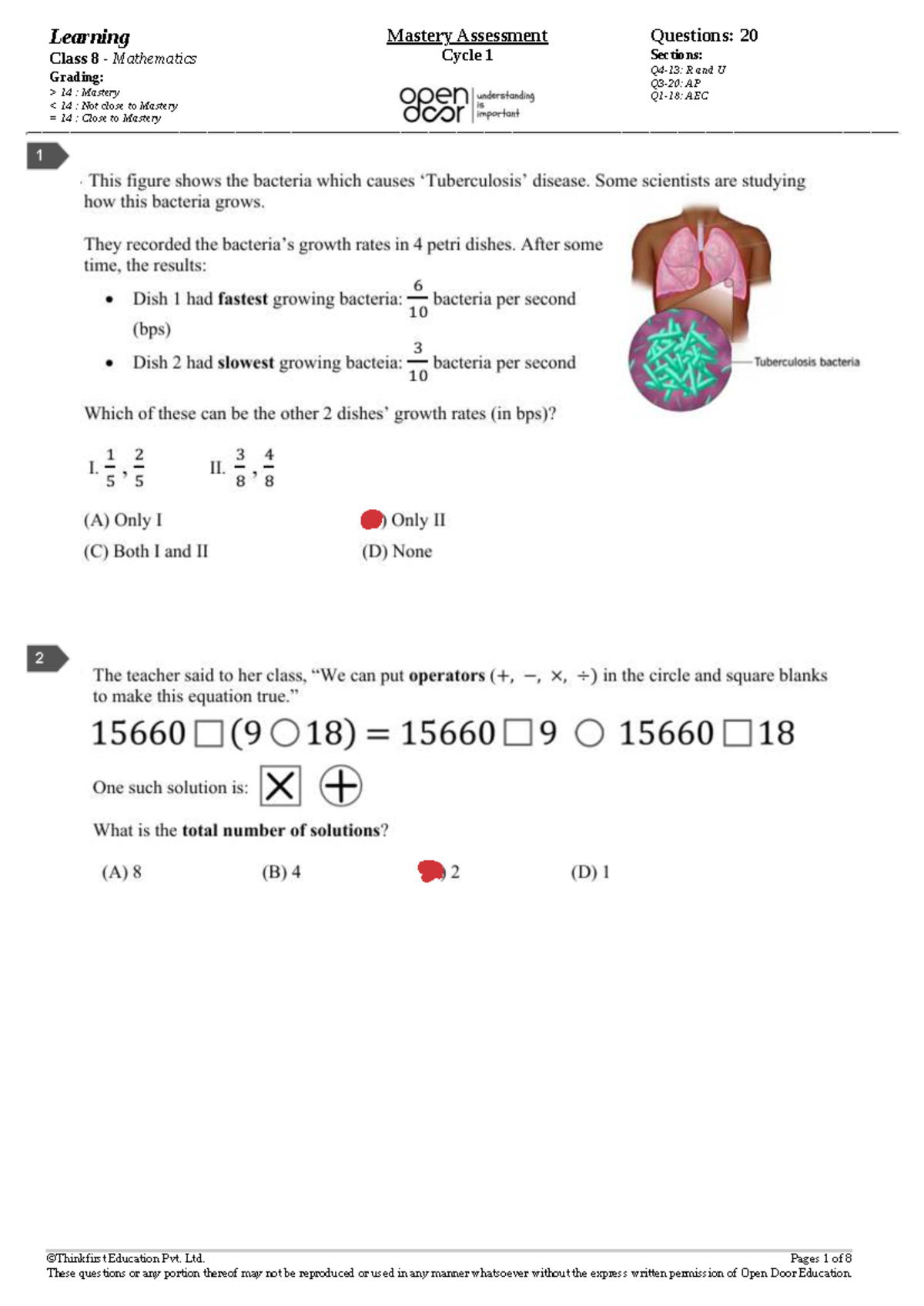 Class 8 Math Mastery Assessment Cycle 1 Questions - Studocu