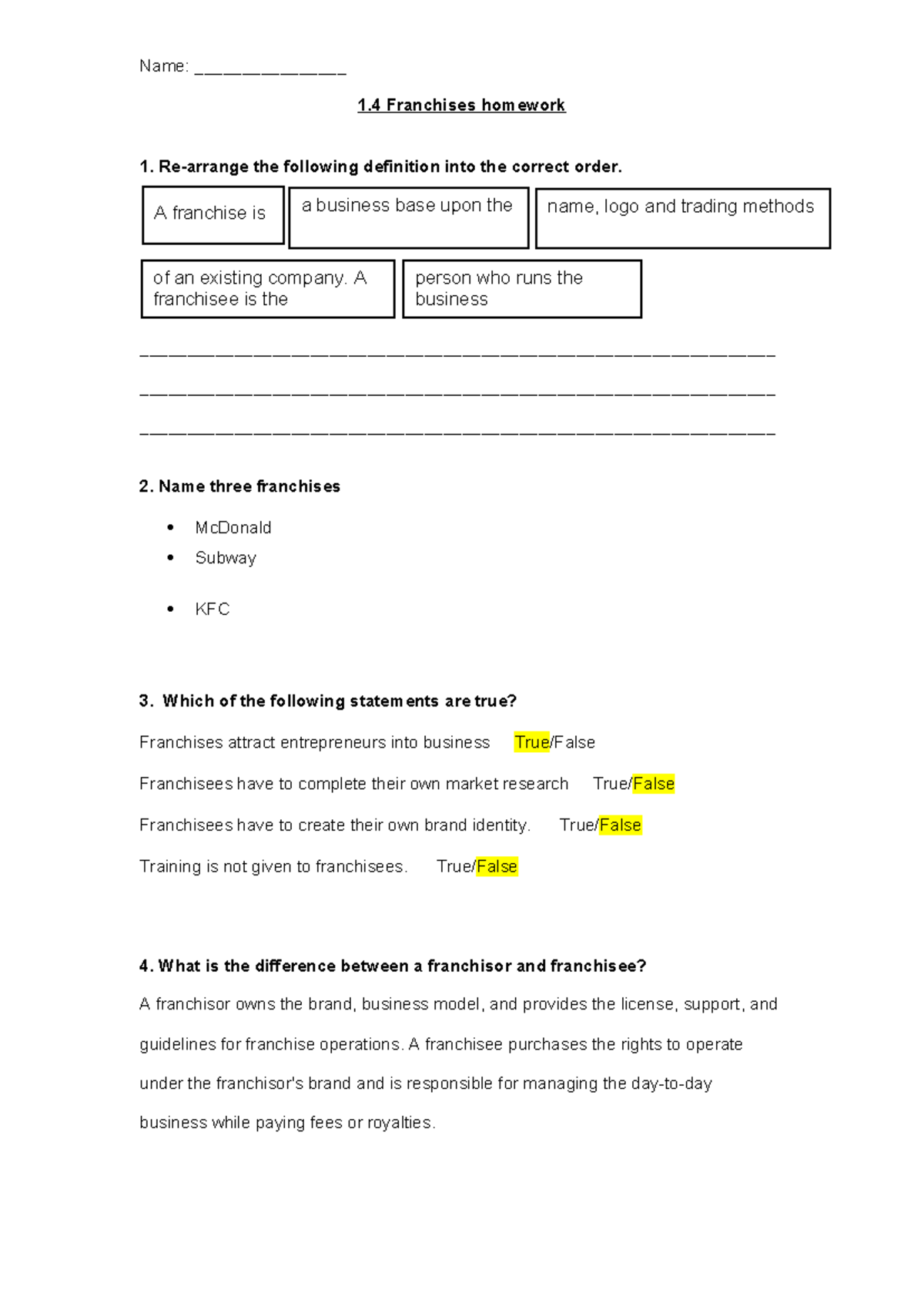 Franchise Worksheet Revised Homework 1: Understanding Franchising ...