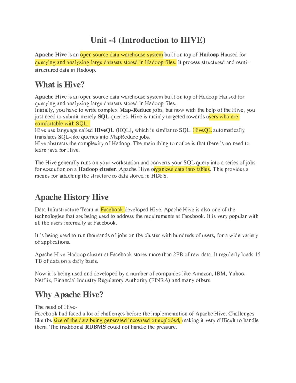 BDA Unit 4 - ... - Unit - 4 (Introduction to HIVE) Apache Hive is an open source data warehouse ...