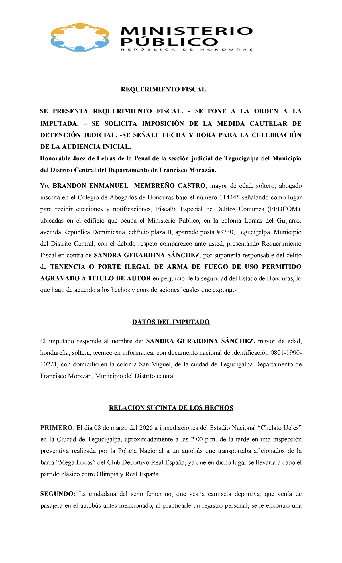 Requerimiento Fiscal y Audiencia de Imputado - Caso Sandra Sánchez ...