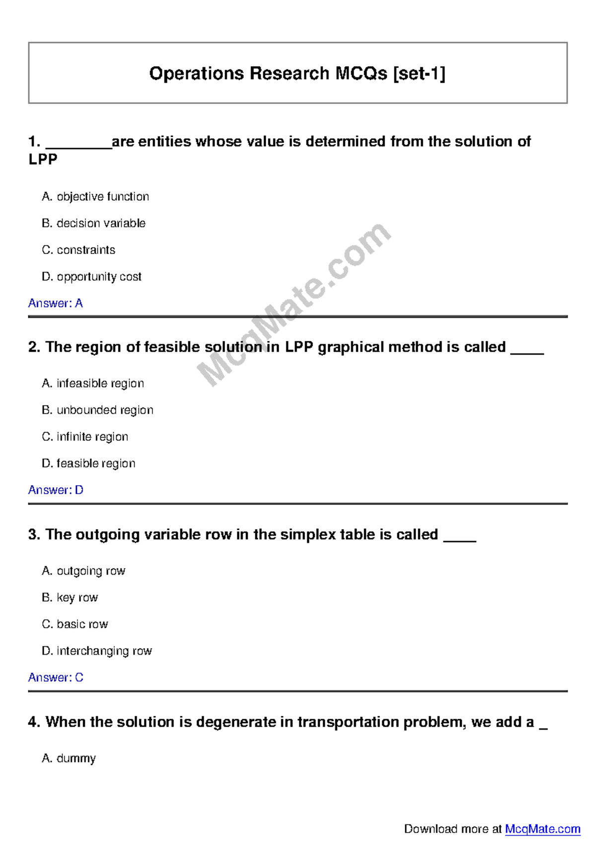 Operations Research Final Exam MCQs [Set-1] Review - Studocu