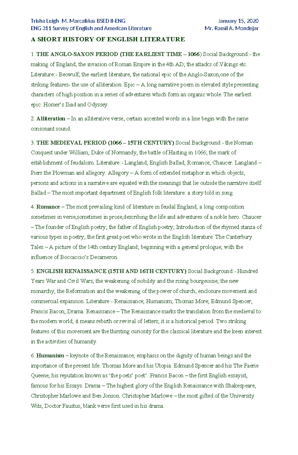 A Short History OF English Literature - ENG 311 Survey of English and ...