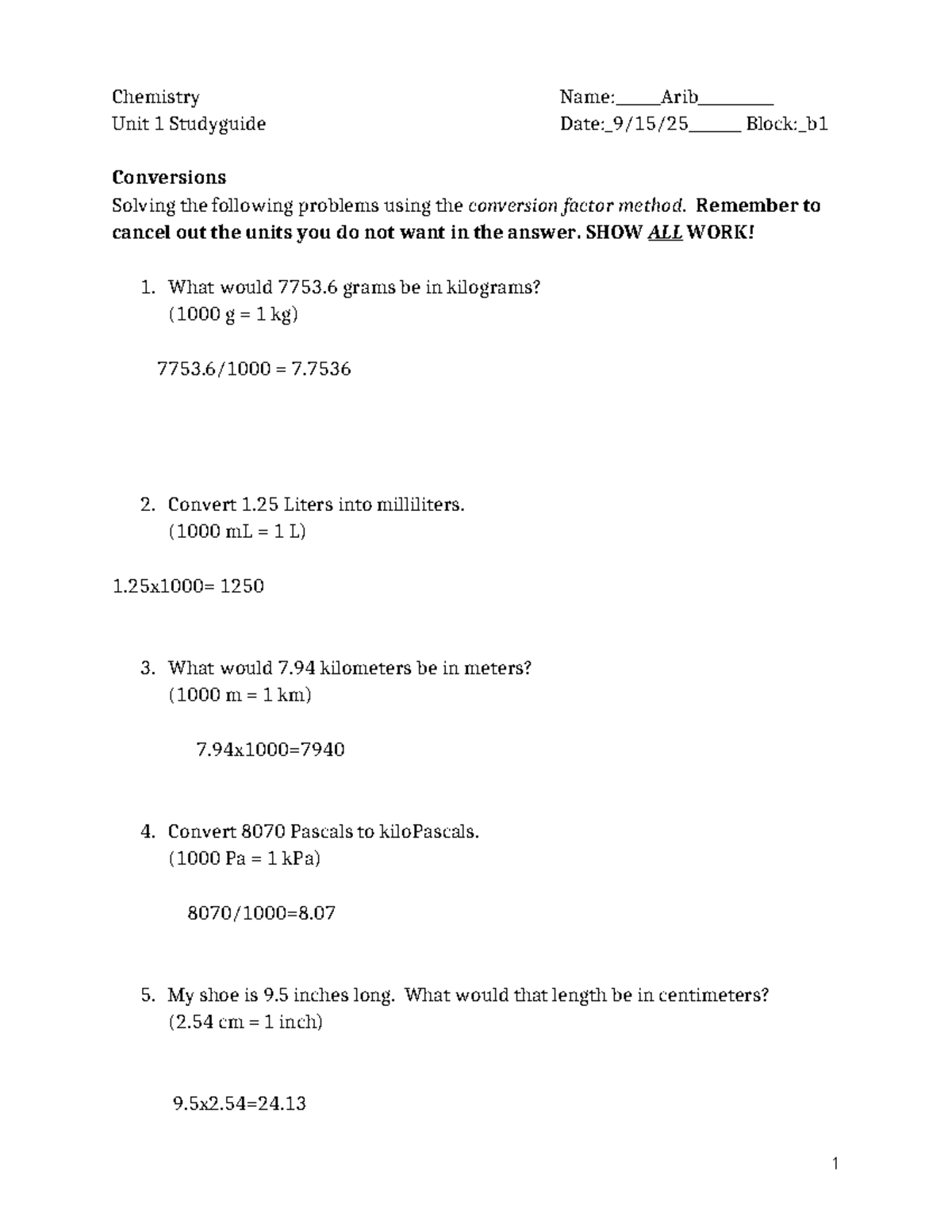 Chemistry 9904824 Unit 1 Test Study Guide: Conversions & Density - Studocu