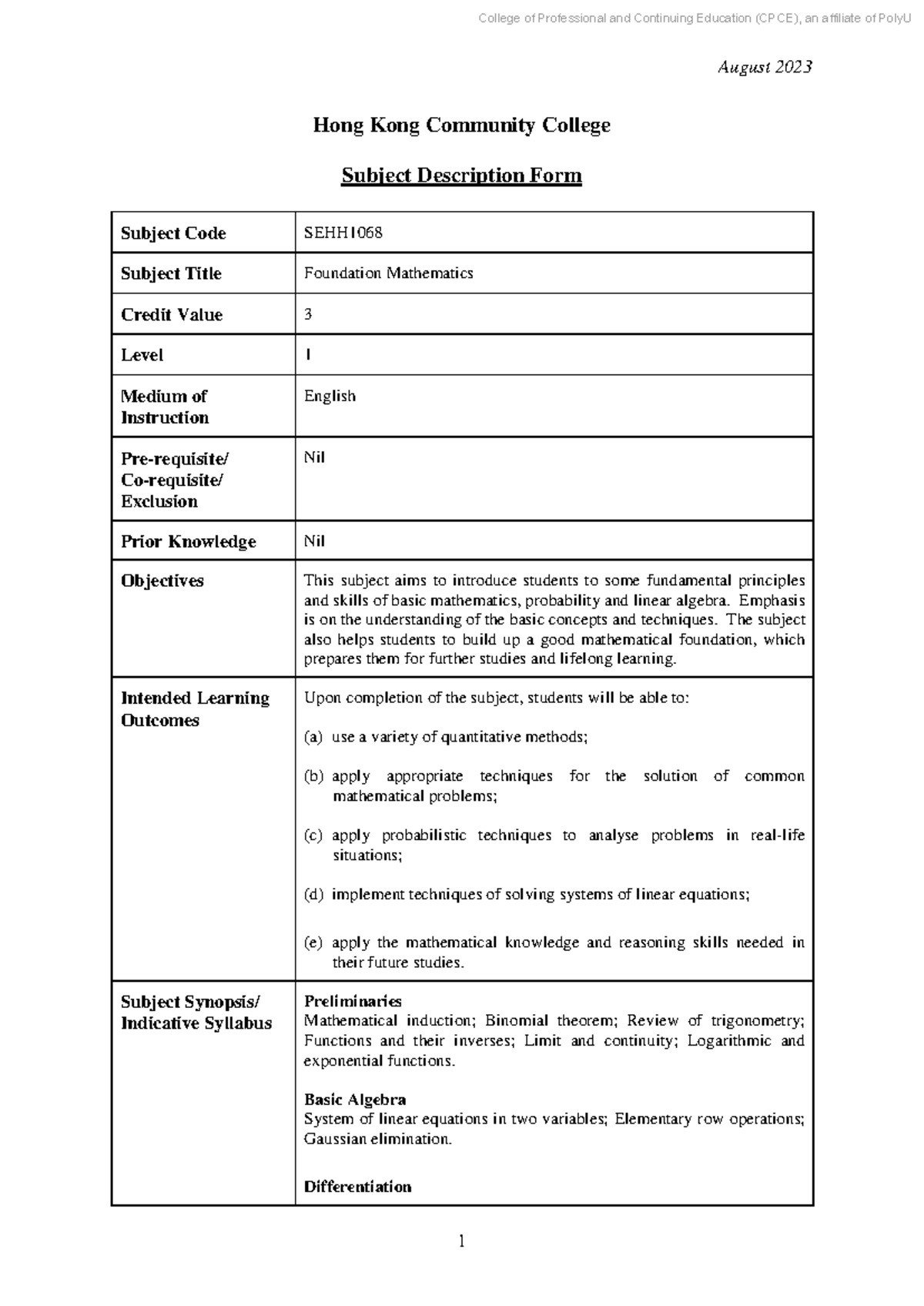 SEHH1068 Foundation Mathematics Course Overview and Assessment Guide ...