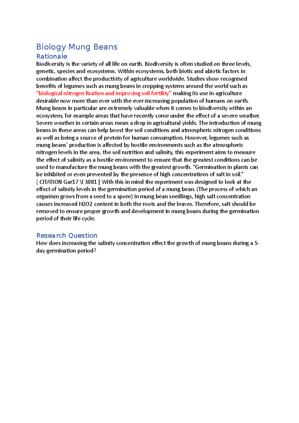 Biology IA2: Impact of Salinity on Mung Bean Germination Growth - Studocu
